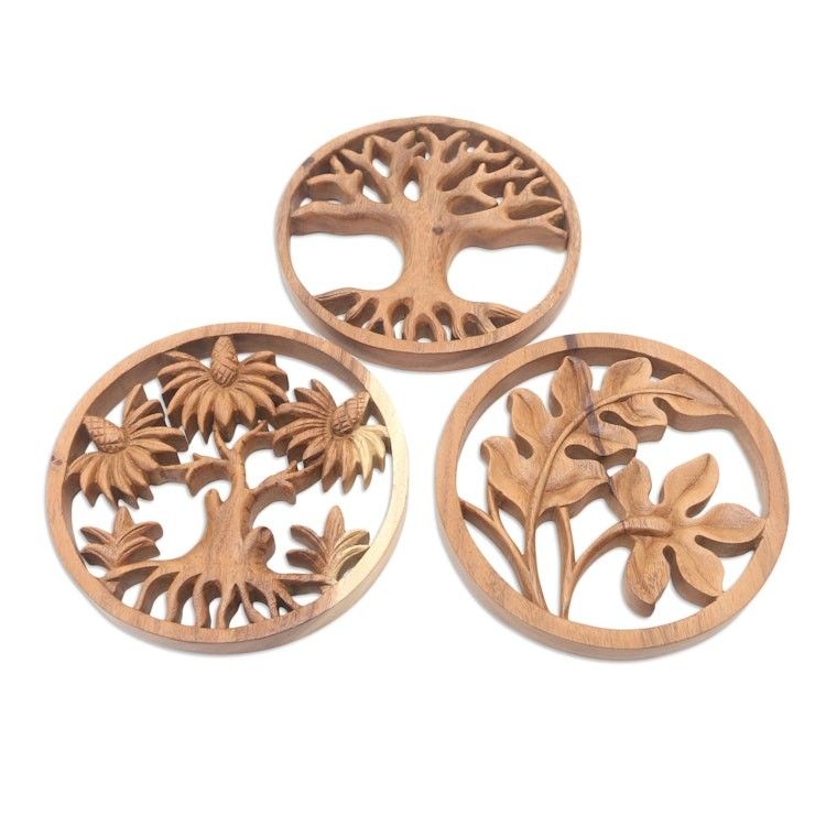 Nature-Themed Wood Relief Panels from Bali Set of 3 'Three Fates ...