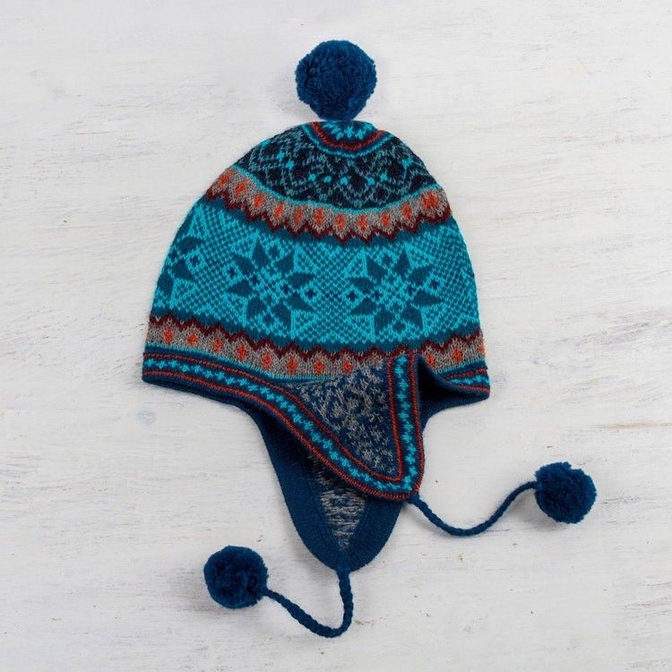 Alpaca Chullo Hat in Azure and Smoke from Peru 'Andean Snowfall ...