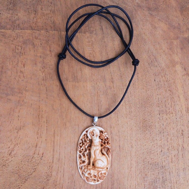 Hand-Carved Bone Wolf Pendant Necklace from Bali 'Setra Wolf ...