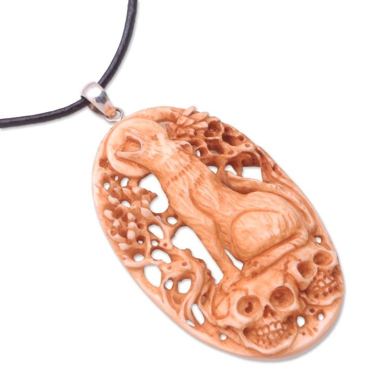 Hand-Carved Bone Wolf Pendant Necklace from Bali 'Setra Wolf ...