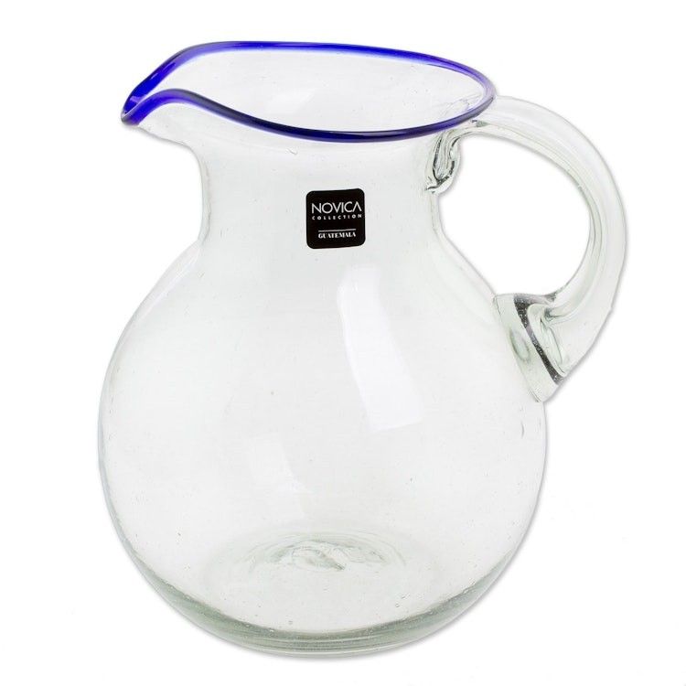 Clear Blue Rimmed Hand Blown Recycled Glass Pitcher 'Clear Seas ...