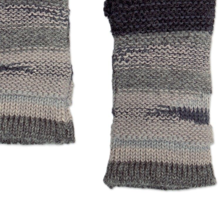 100 Alpaca Grey and Black Knit Fingerless Mittens from Peru ...