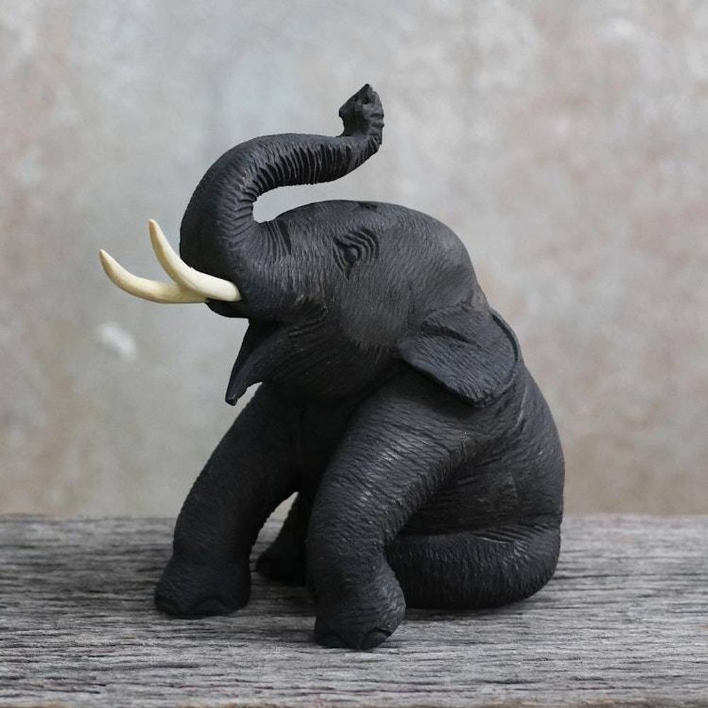 Thai Elephant Statuette, Carved by Hand of Teak Wood 'Elephant Smile of ...