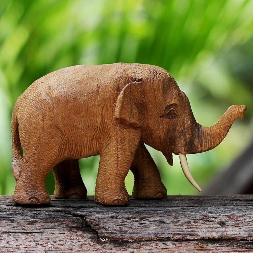 Hand Carved Thai Rustic Teak Wood Sculpture of an Elephant 'Elephant ...