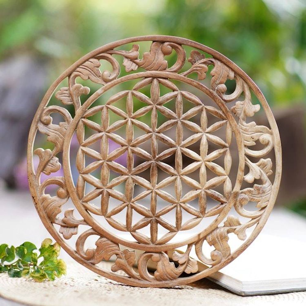 Hand Carved Circular Suar Wood Relief Panel from Bali 'Circle of Leaves ...