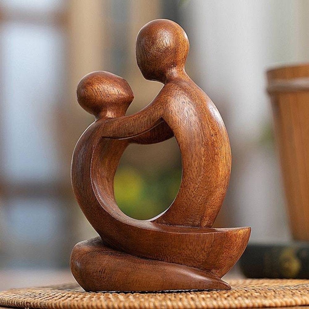 Minimalist Hand-Carved Father and Child Suar Wood Sculpture 'Time with ...