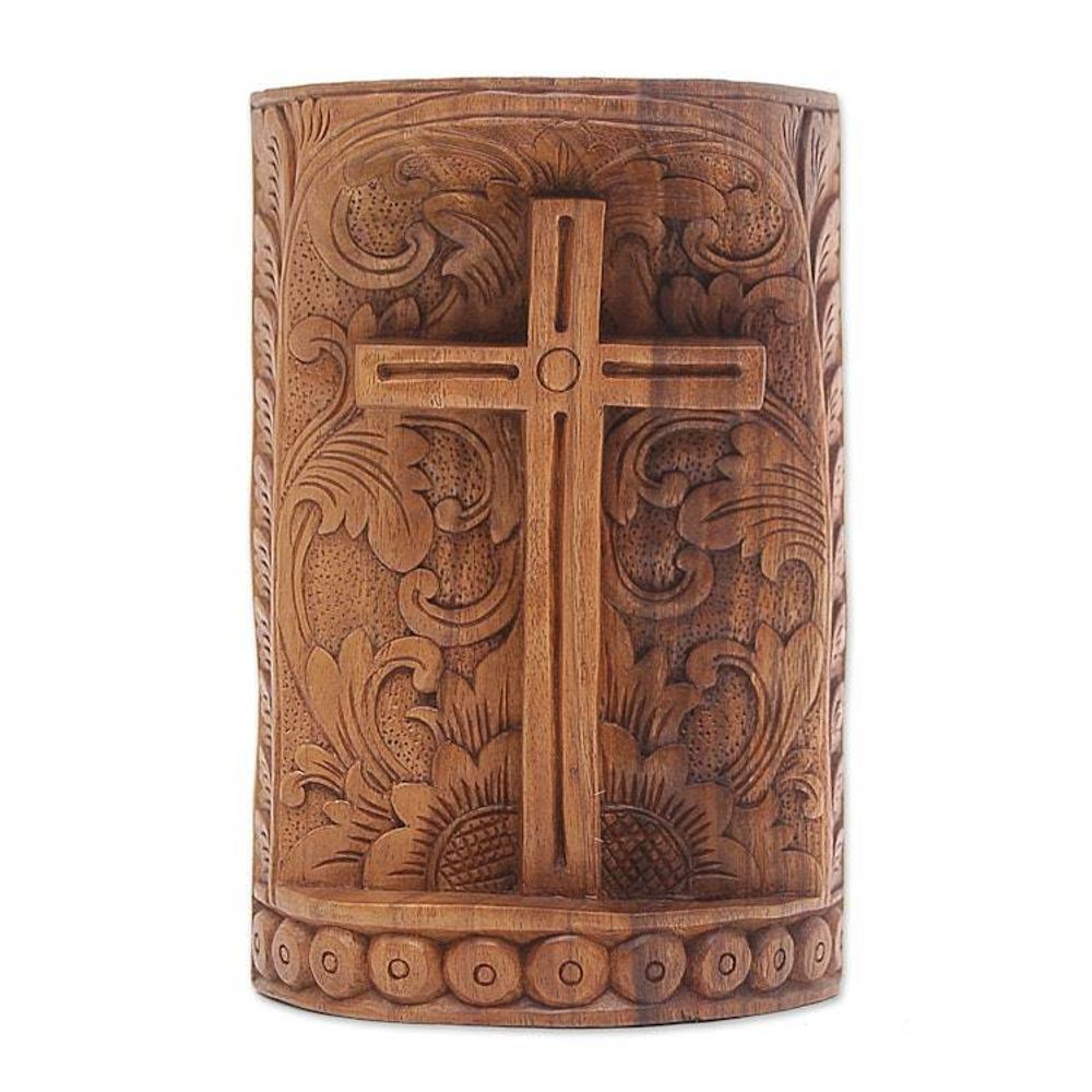 Suar Wood Hand Carved Cross with Floral Background 'Fern Cross ...
